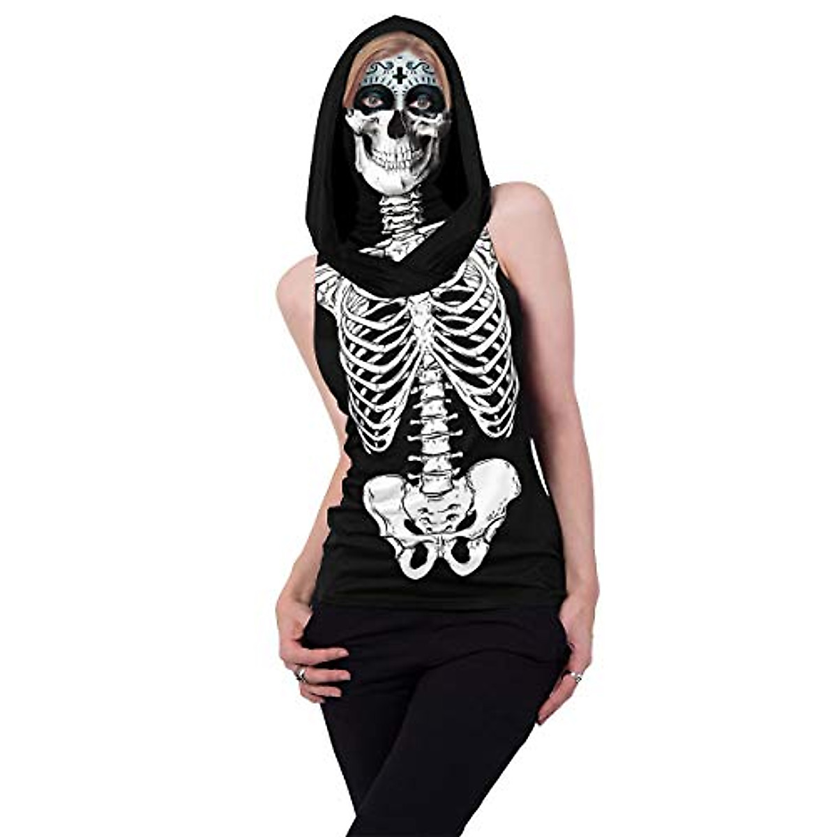 Ainuno Skeleton Shirt Skull Hoodie for Women Teen Girls Funny Halloween Shirts Costume Top with Mask Tshirts White Skeleton Printed Sleeveless Hoodie Pullover Sweatshirt Cute Tee,Skull Skeleton L