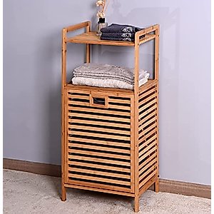 Eytruty Bamboo Tilt-Out Laundry Hamper Cabinet Free-Standing Ventilated Dirty Clothes Organizer with 2-Tier Storage Shelf & Removable Fabric Bin for Bathroom, Bedroom, Living Room