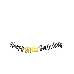 MEDIMQC Black Happy 90th Birthday Banner Sign Gold Glitter 90 Years Birthday Party Decorations Supplies Anniversary Celebration Backdrop Pre-Assembled (Black)
