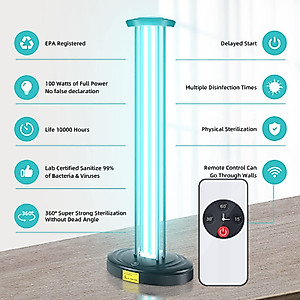 JTAPURE Ultraviolet Lamp, 100W Ozone Free UV Light Purifier for Large Room, with Three-Step Timing Remote Control, Blue Light, Up to 99.9% Purification for Bathroom, Bedroom, Toilet