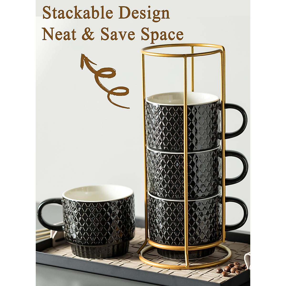 Gomakren Coffee Mugs Set of 4, 13 Ounce Stackable Coffee Mug Set with Stand, Stoneware Coffee Cup with Spoon for Coffee, Milk, Tea, Cocoa, Black