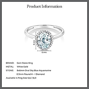 Gem Stone King 10K White Gold 8X6MM Oval Gemstone Birthstone & White Diamond Halo Engagement Ring | Wedding Anniversary Promise White Gold Ring For Women | Size 5,6,7,8,9