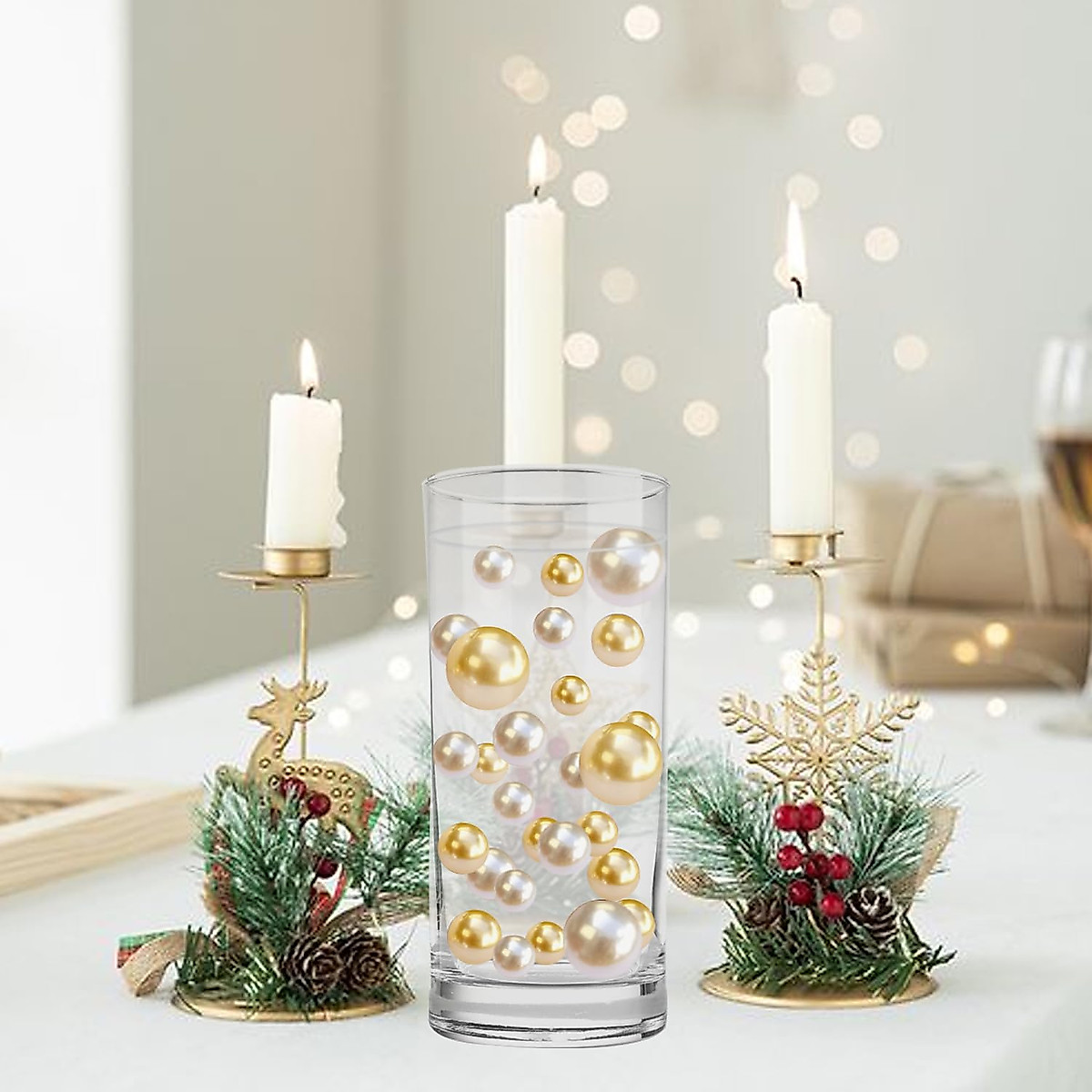 LWQYHTT Pearl for Vase Filler and Transparent Water Gels No Hole Pearl Beads for Wedding Centerpiece Home Table Decor, Pearls for Brush Holder 130PCS (Creamy White, Gold)