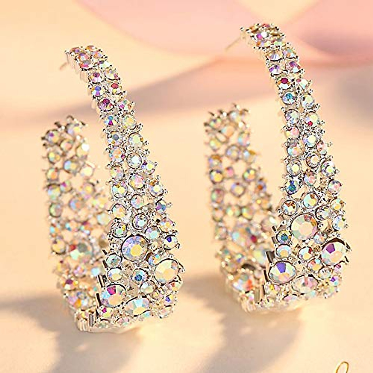 CEJUG Statement Earrings for Women Bohemian Large Dangle Drop Hoop Earring AB Rhinestone Crystal Sterling Silver Post Jewelry