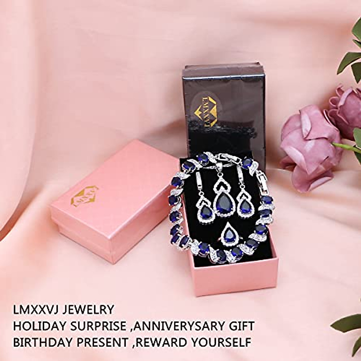 LMXXVJ Women Jewelry Set Platinum Plated Necklace Open Ring Earrings Bracelet Set,Birthday/Anniversary Mother’s Day Jewelry Gifts for Mom/Wife/Sister/Best Friend (blue, Adjustable)