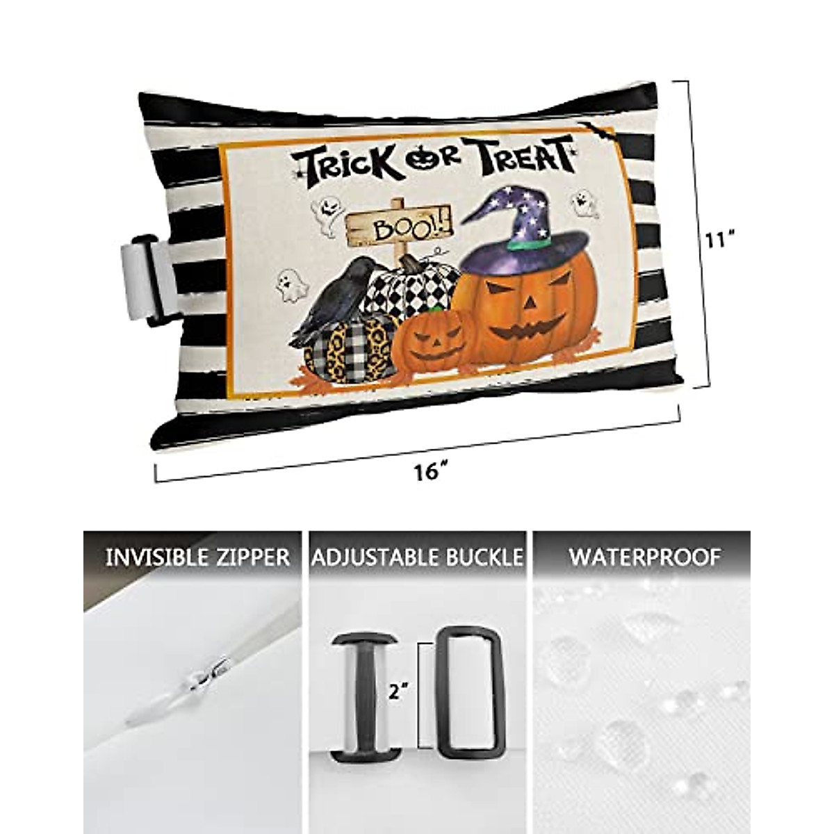 Recliner Head Pillow Ledge Loungers Chair Pillows with Insert Trick or Treat Pumpkin on Rustic Stripes Lumbar Pillow with Adjustable Strap Outdoor Waterproof Patio Pillows for Beach Pool, 2 PCS