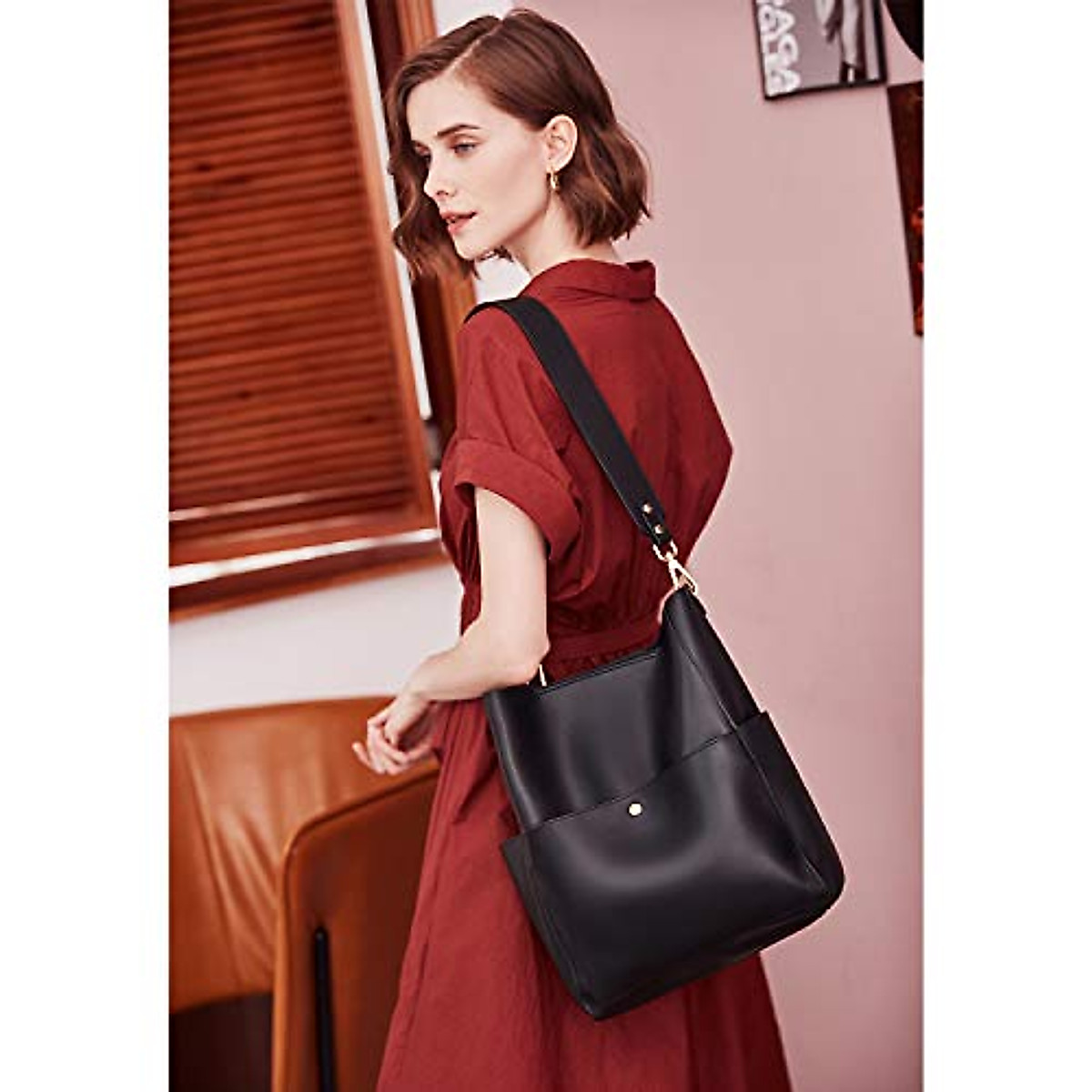 BOSTANTEN Women's Leather Designer Handbags Tote Purses Shoulder Bucket Bags Black