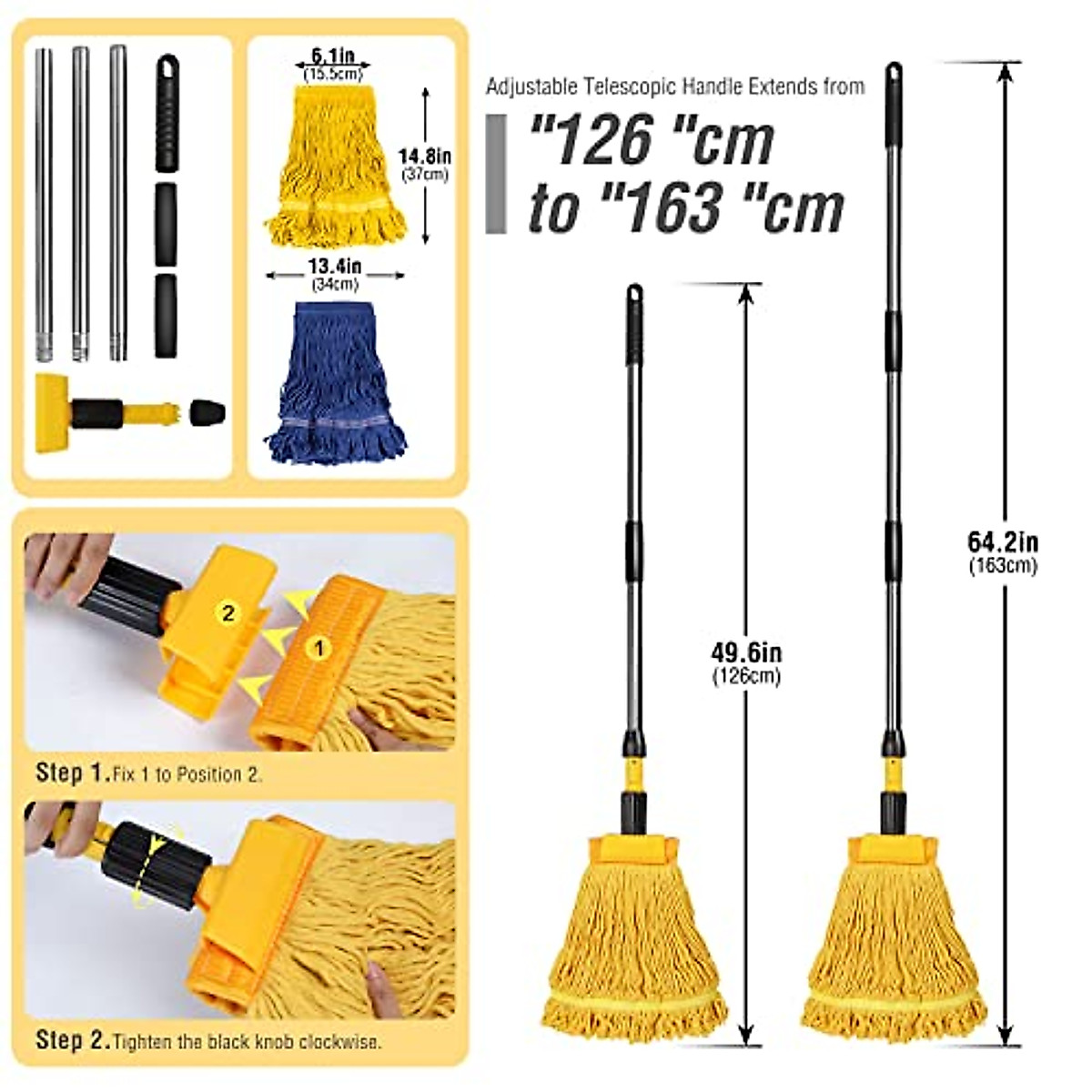 Gadhra Commercial Mop, Looped-End String Industrial Mop, Heavy Duty Mops with 2 String Mop Heads for Floor Cleaning, Blue/Yellow