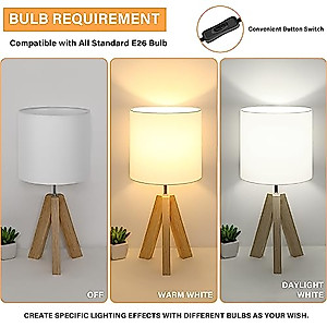 Small Beside Table Lamp, Wood Tripod Table Lamp with White Fabric Shade, Cute Boho Nightstand Lamp, Minimalist Desk Lamp for Bedroom, Living Room, Nursery, Kids Room, Office, Dorm, Bulb Not Included