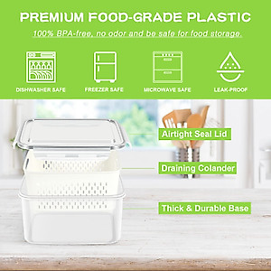 TBMax Fruit Vegetable Storage Containers for Fridge - 4 Pack Large Produce Saver Containers Refrigerator Organizer Bins, Plastic Produce Keepers with Lid & Colander for Salad Berry Lettuce Storage