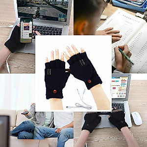Women's & Men's USB Heated Gloves Knitting Hands Full & Half Heated Fingerless Heating Warmer with Button Washable Design, Mitten Winter Hands Warm Laptop Gloves (Black)