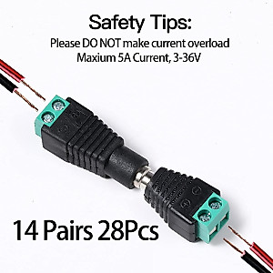 VFLTOOL 28PCS Upgraded DC Power Connector 12V 14PCS Male + 14PCS Female Adapter 2.1 X 5.5MM DC Power Jack Plug Connector for CCTV Camera, Led Strip Light Cable Wire