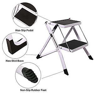 Varbucamp Step Ladder 2 Step Folding for Kitchen, Lightweight Portable Step Ladder with Sturdy Wide Pedal for Adults & Kids,White