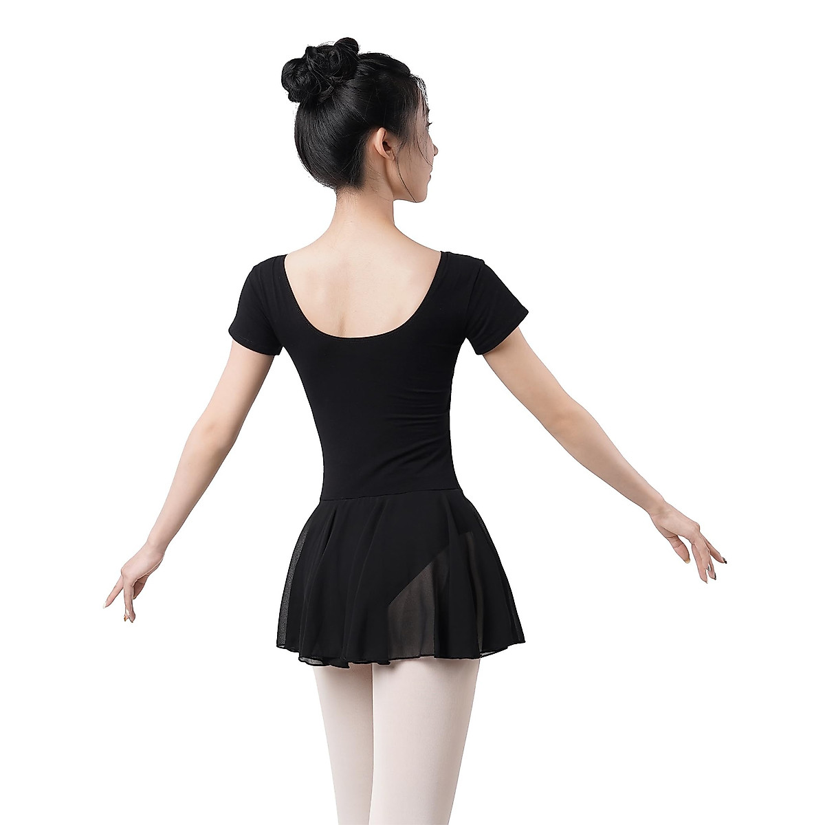 Phoeswan Skirted Dance Leotards, Women's Dance Skirt Black Cotton Short Sleeve Dance Dress for Ballet, Aerobics, Size X-Large