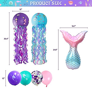 Ouddy Life Mermaid Birthday Party Decorations, 48Pcs Happy Birthday Banner Jellyfish Lantern Cake Topper Mermaid Balloons for Little Mermaid Theme Birthday Baby Shower Ocean Party Supplies Favors Girl