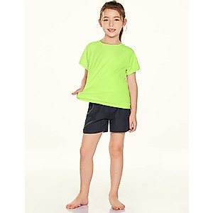 TSLA Youth Kids UPF 50+ Short Sleeve, Aqua Water Swimsuit Top, UV/SPF Surf Swim Shirt, Swim Shirt Lime, 8