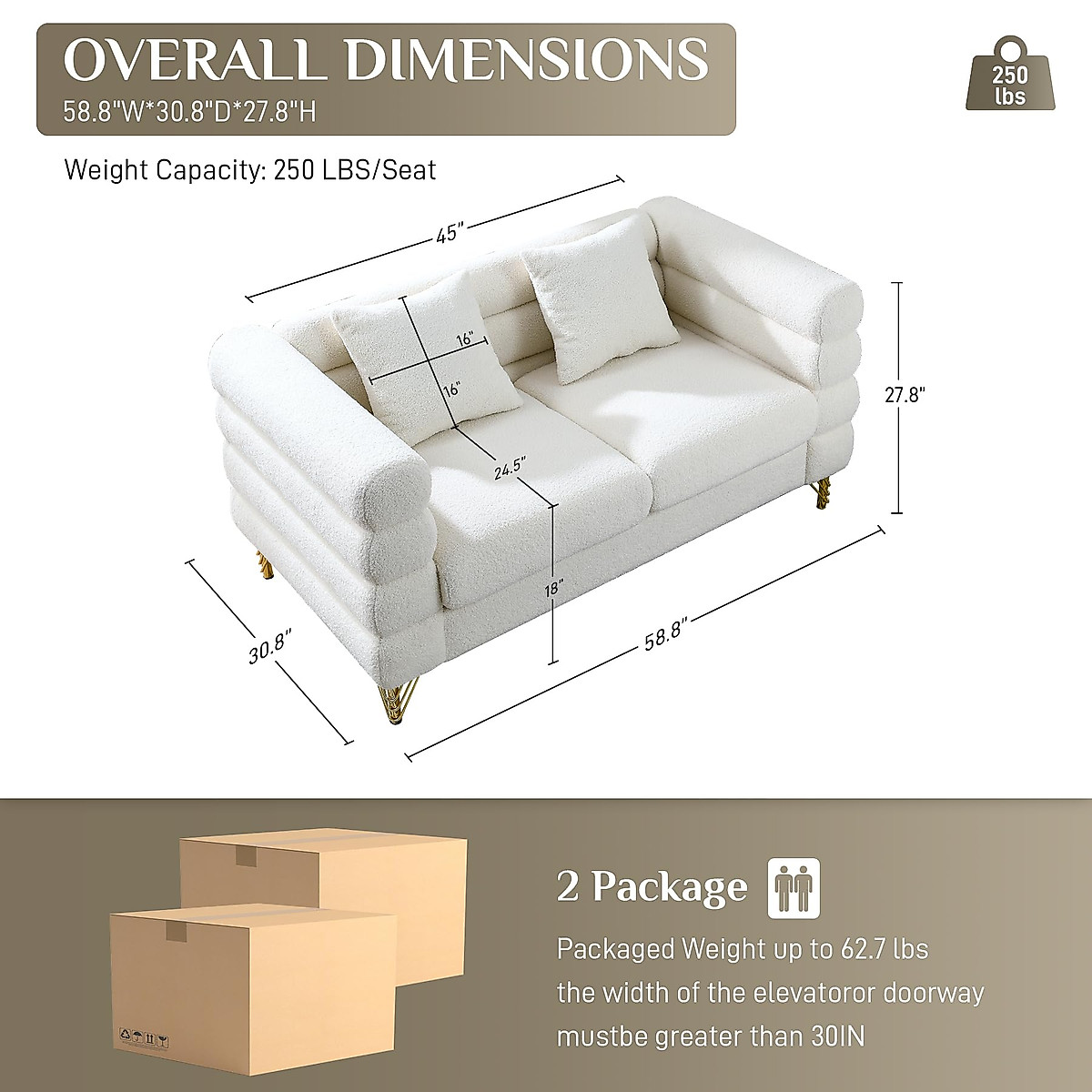 Wrofly Cloud Couch for Living Room, 59" Modern Overstuffed Deep Seat Boucle Sherpa Loveseat Sofa with 2 Pillows, Comfy Upholstered 2 Seater Love Seat for Bedroom Office, Beige White Teddy