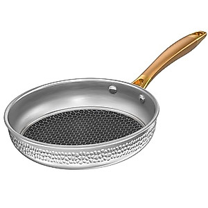 Homaz life 8-Inch Frying Pan, Tri-Ply Stainless Steel Cookware, Induction Ready, Compatible with All Cooktops, Dishwasher Safe, Non-Toxic, Gold-Colored Stay-Cool Handle