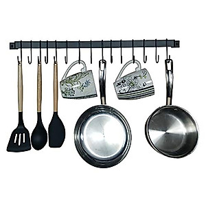 Wall-Mounted Utensil Rack Hanger – Black, 17" x 1" - Rustic Iron Kitchen Organizer with Ten 3.5" Hanging Hooks - Coffee Mug Rail - Pot and Pan Holder - Organizing Rod for Cookware - Claimed Corner