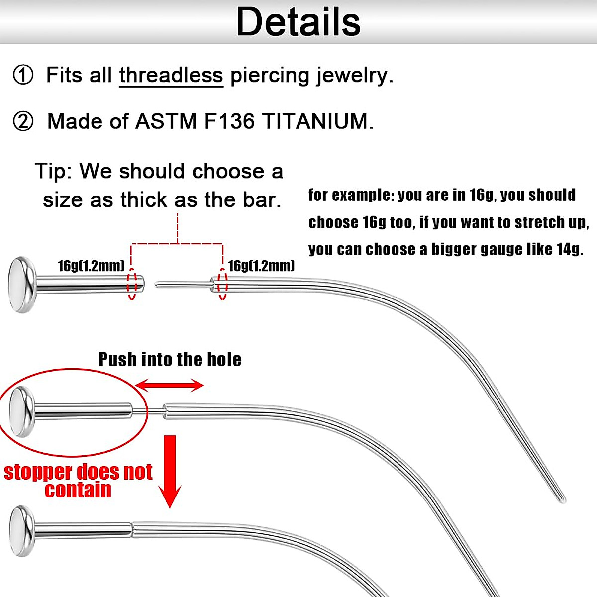 PunkTracker 20g/18g/16g/14g Curved ASTM F136 Titanium Piercing Kit Taper Insertion Pin for Threadless Tragus Helix Lip Nose Helix Piercing Jewelry Cartilage Earrings Labret Studs Nose Stud Stretcher