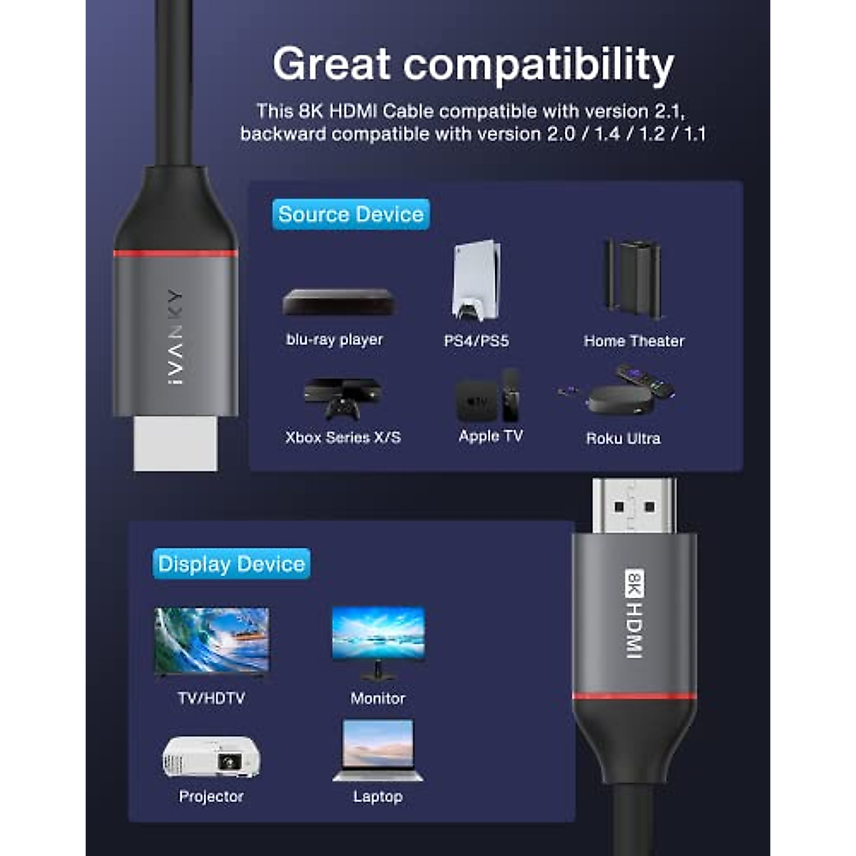 IVANKY 8K HDMI 2.1 Cable 10FT/3M, Certified High Speed HDMI 2.1 Cable, 4K@120Hz 8K@60Hz 48Gbps 144Hz, 7680P, DTS:X, eARC, HDR, for Roku TV/PS4 5/Xbox Series X