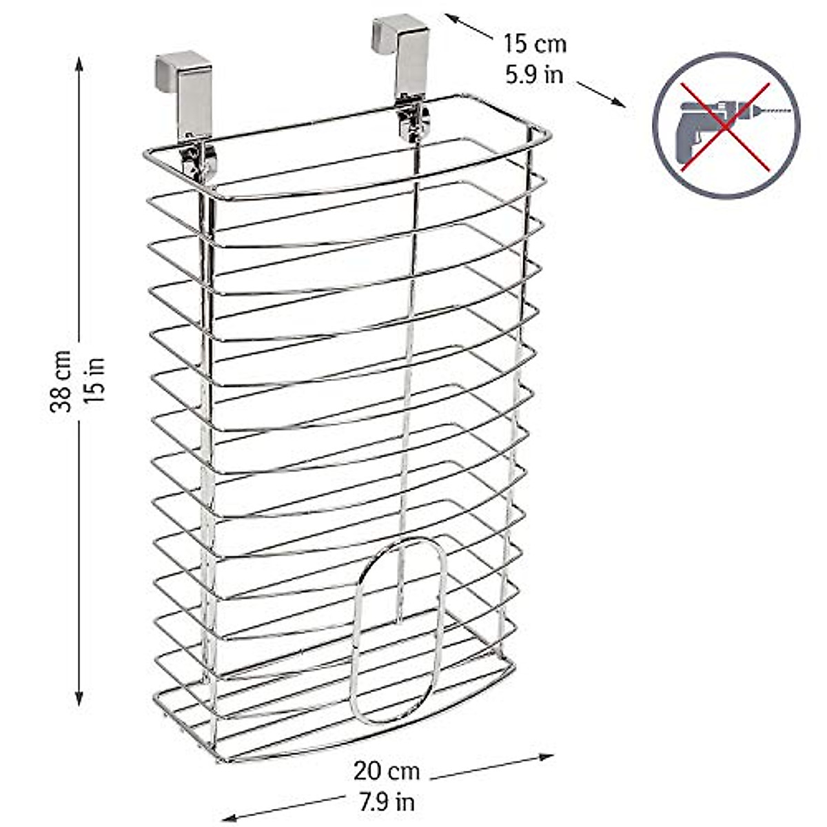 Tatkraft Fun Over The Door Grocery Bag Holder, Versatile and Easy To Use, Easy To Place on Shelves, Walls, or Cabinets, Made of Chromed Steel