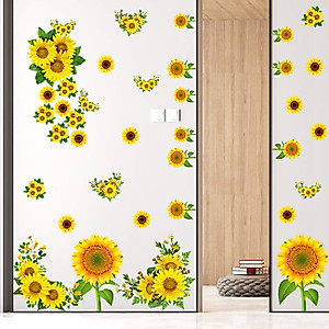 RW-ZSZ2881 31PCS Sunflower Wall Decals 3D Sunflower Yellow Daisy Flowers Wall Stickers Floral Decals DIY Removable Sunflower Green Leaves Wall Decor for Kids Baby Bedroom Living Room Bathroom Nursery