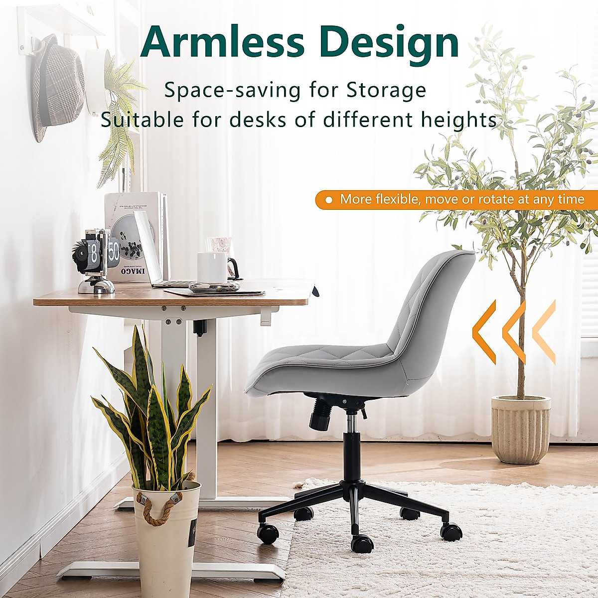 YOUNUOKE Comfortable Desk Chair, Home Office Chairs with Wheels, Armless Samll Comfy Vanity Chairs, PU Leather Computer Task Work Desk Chairs, Gery