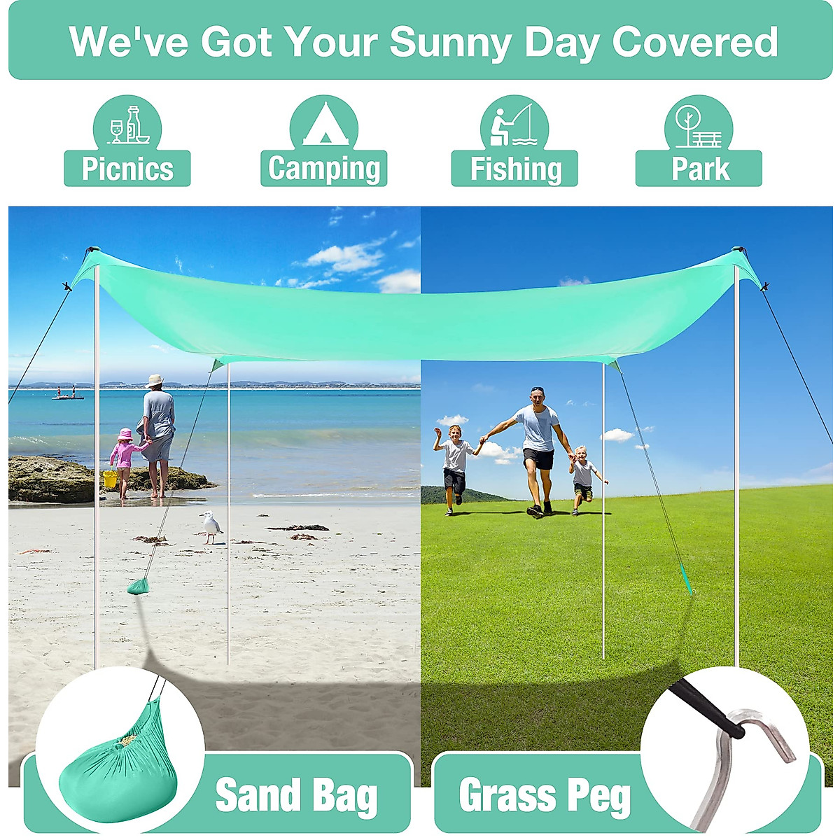 ADesign Windproof Beach Tent Sun Shelter with 8 Sandbags, Wind Resistant Large Family Beach Canopy with Sand Shovel, UPF50+, 6.5 FT Tall, Easy Setup Sun Shade for Beach Vacation
