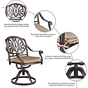 TITIMO 7 Piece Cast Aluminum Patio Dining Set, Outdoor Dining Furniture Patio Table and Chairs Set,6 Floral Pattern Swivel Rocker Chairs with Cushions (Khaki)