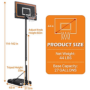 Basketball Hoop 7-10FT Height Adjustable Basketball Backboard 44" Portable Backboard Outdoor Indoor Free Standing Basketball Stand with Stand and Wheels Basketball Stand for Kids Teenagers Adults