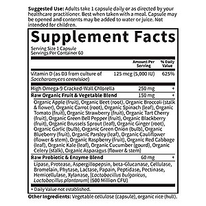 Garden of Life Vitamin D, Vitamin Code Raw D3, Vitamin D 5,000 IU, Raw Whole Food Vitamin D Supplements with Chlorella, Fruit, Veggies & Probiotics for Bone & Immune Health, 60 Vegetarian Capsules