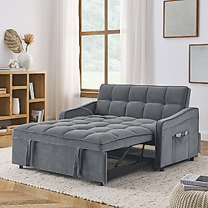 JEEOHEY 3 in 1 Convertible Sleeper Sofa Bed,52" Modern Velvet Pull Out Couch Bed with USB&Type-C Charging Ports,Futon Tufted Love Seat with Adjustable Backrest for Living Room,Office,Bedroom(Grey)