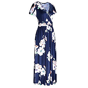 OUGES Women's V-Neck Pattern Pocket Maxi Long Maternity Dress(Floral-12,XL)