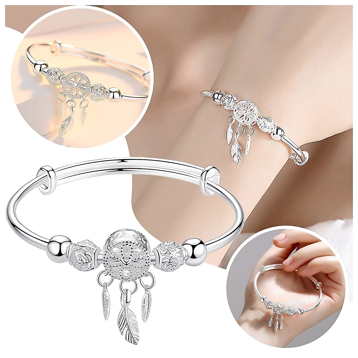 Luckilemon Silver Dream Catcher Tassel Feather Charm Bracelet Bangle Adjustable Mother's Day Jewelry Gift Birthday Christmas Gifts for Women Mom Wife