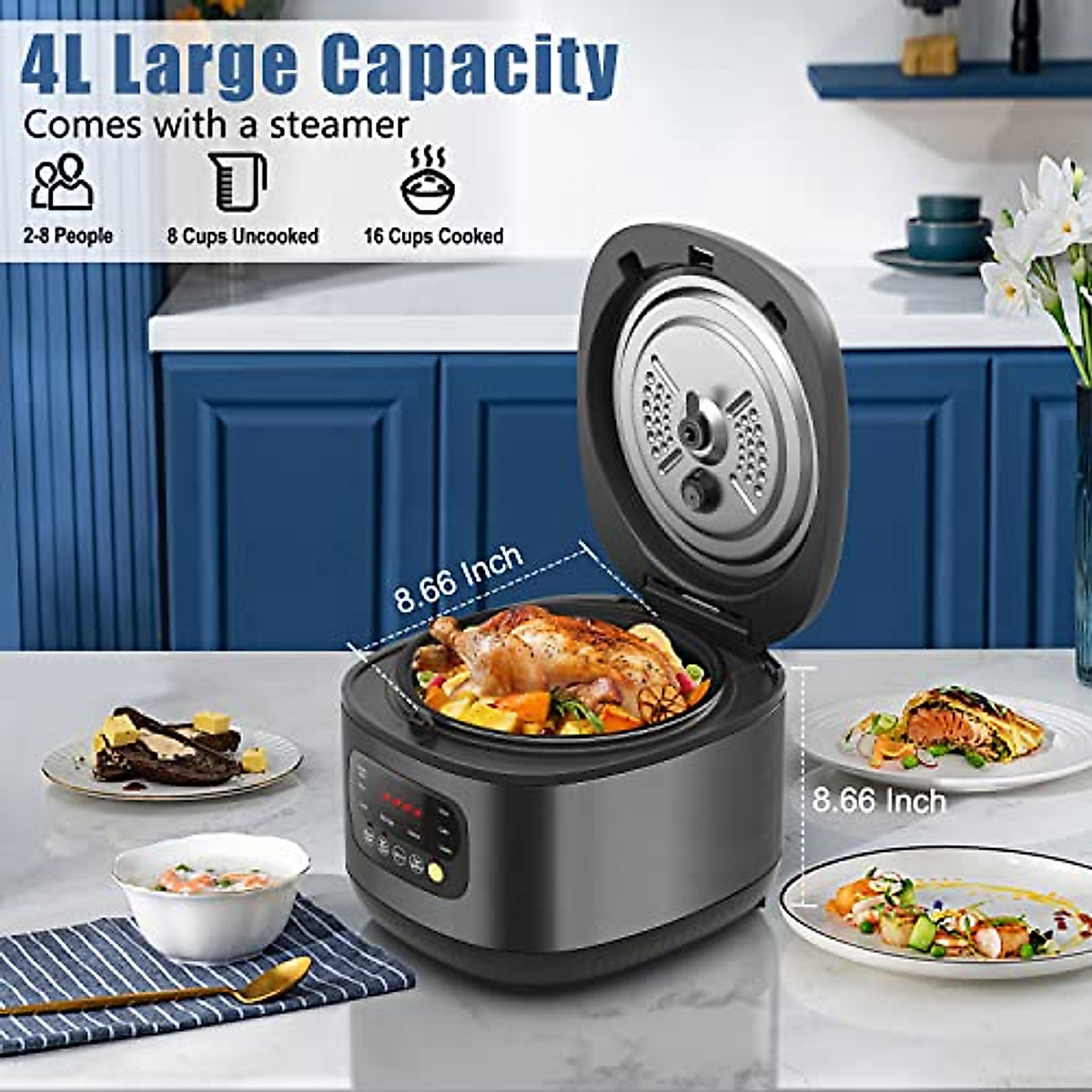 Topwit Rice Cooker 8 Cups Uncooked, 4.2Qt Non-Stick Rice Maker with Food Steamer, 8 in 1 Smart Control Rice Cooker with 24H Delay Start & Keep Warm Function, Slow Cooker for Soup, Stew, Grain, Oatmeal