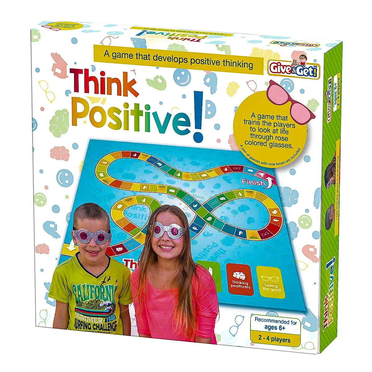Think Positive a fun Kids Board Game to promote positive thinking in life for ages 6+. Therapy and learning family game with Doing Good, Thinking Positively and Seeing Good cards & rose tinted glasses