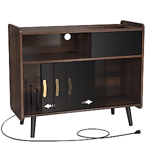 GDLF Large Record Player Stand, Vinyl Record Storage Cabinet with Power Outlet, Record Player Table Holds up to 350 Albums, Turntable Stand with Wood Legs for Living Room,Bedroom,Office