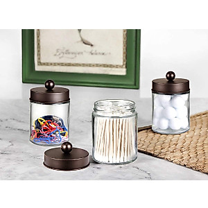 Amolliar Apothecary Jars Bathroom Storage Organizer - Cute Qtip Dispenser Holder Vanity Canister Jar Glass with Lid for Cotton Swabs,Rounds,Bath Salts,Makeup Sponges,Hair Accessories/Bronze (1 Pack)