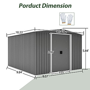 EMKK 10x8 FT Outdoor Storage Shed, Galvanized Steel Metal Garden Shed with Double Sliding Lockable Door, Floor Frame, Vents, Waterproof Tool Shed for Backyard, Lawn, Patio, Teak