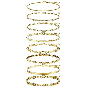 Gold Bracelets for Women, 14K Gold Plated Dainty Bracelets Set, Layered Chain Bracelets Pack Jewelry Gifts (B-8 pack gold bracelets)