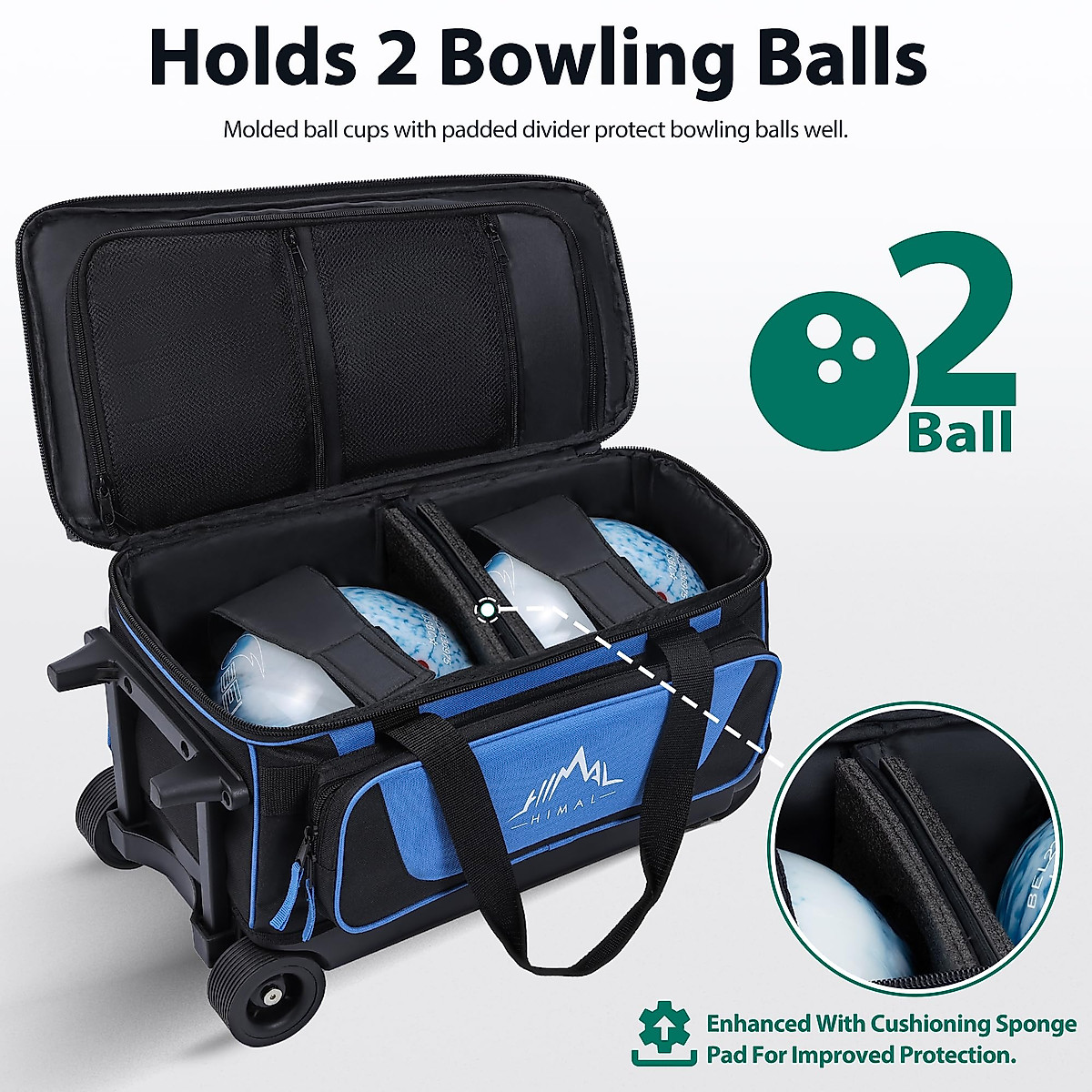 GoHimal Double Roller 2 Ball Bowling Bag with Separate Shoe Compartment for Bowling Shoes (Up To US Mens Size 15) and Oversized Accessory Pocket, Retractable Handle - Extends to 40" (Black-Blue)