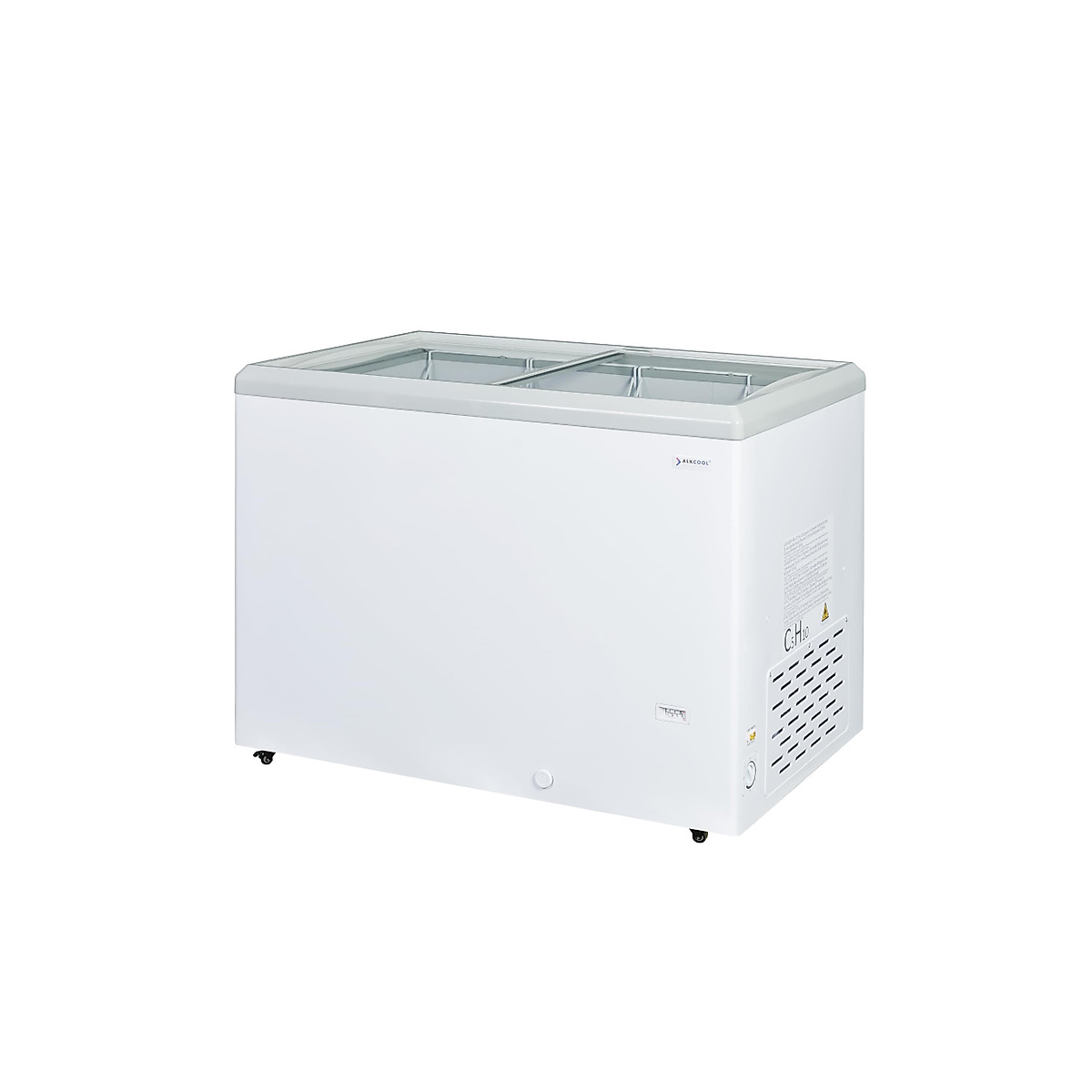 NAFCOOL 12.4 Cu.Ft Commercial Chest Freezer with LED Light,Temp Rang -8°F and 0°F,Glass Top Display Chest Freezer with 6 Removable Wire Baskets,Sliding Lids, Lock,Caster Wheels, White