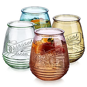 Wine Glasses Set Of 4 Assorted Colored Stemless Glasses 21 OZ. Original Mason Large Wine Cup, Red and White Wine Drinking Water Glasses. Juice, Cocktails, Smoothies, Vintage Bar Glasses