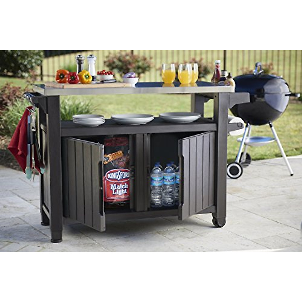 Keter Unity XL Portable Outdoor Table and Storage Cabinet w/ Accessory Hooks, Stainless Steel Top for Patio Kitchen Island or Bar Cart, Espresso Brown