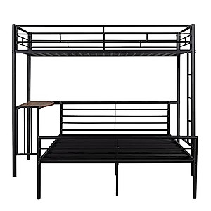 MOEO Twin Over Full Metal Bed with Desk and Ladder for Kids, Adults, Bedroom, Steel Bunk Bedframe w/Slats, No Box Spring Needed, White, Black