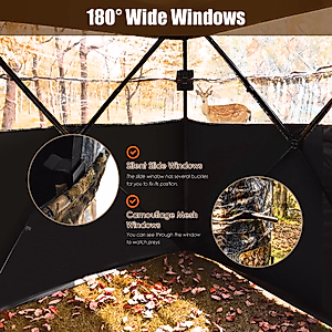 GYMAX Hunting Blind, 3 Person Pop Up See Through Silent Sliding Ground Blind with Hub System, Triangle Zipper Door & Carry Bag, Camouflage Mossy Backwoods Waterproof Deer Hunting Blind Tent