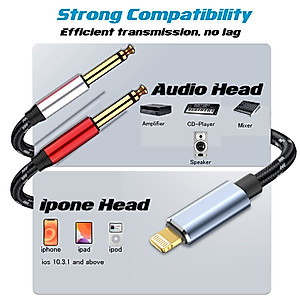 DCNETWORK Lightning to Dual 6.35mm 1/4" TS Mono Stereo Y-Cable Splitter to Dual 1/4 inch Audio Cable Compatible for iPhone12/11/X/XS/XR/8/7/iPad,Amplifier, Speaker, Headphone, Mixing Console 10FT