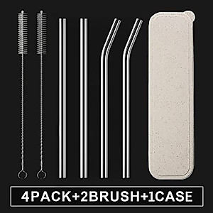 HeykirHome 4-Pack Reusable Glass Straw with Travel Case,Size 8.5''x10 MM,Including 2 Straight and 2 Bent with 2 Cleaning Brush- Perfect For Smoothies, Tea, Juice