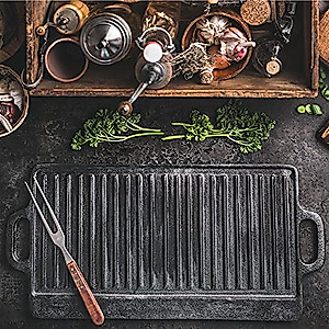 ProSource 2-in-1 Reversible 19.5” x 9” Cast Iron Griddle with Handles, Preseasoned & Non-Stick for Gas Stovetop, Oven, and Open Fire